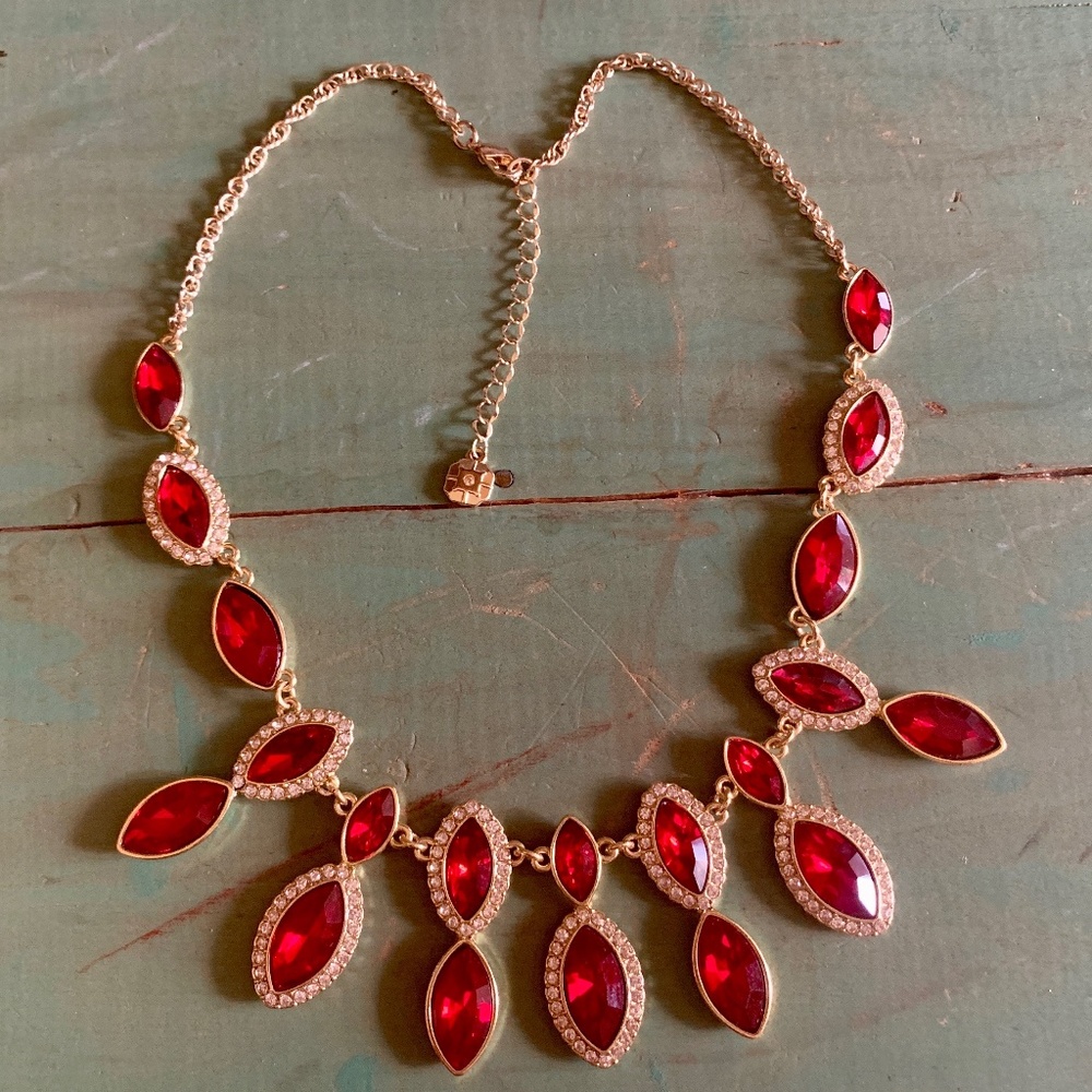 Monet Gorgeous Red & Clear Crystals Gold Tone Necklac… - Gem